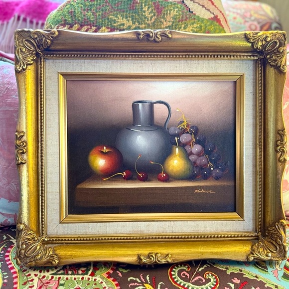 Art | Small Vintage Still Life Oil Painting In Gilt Wooden Frame | Poshmark